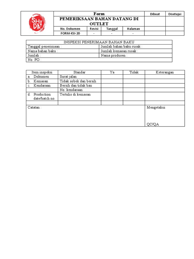 Form Inspeksi Penerimaan Bahan Baku | PDF
