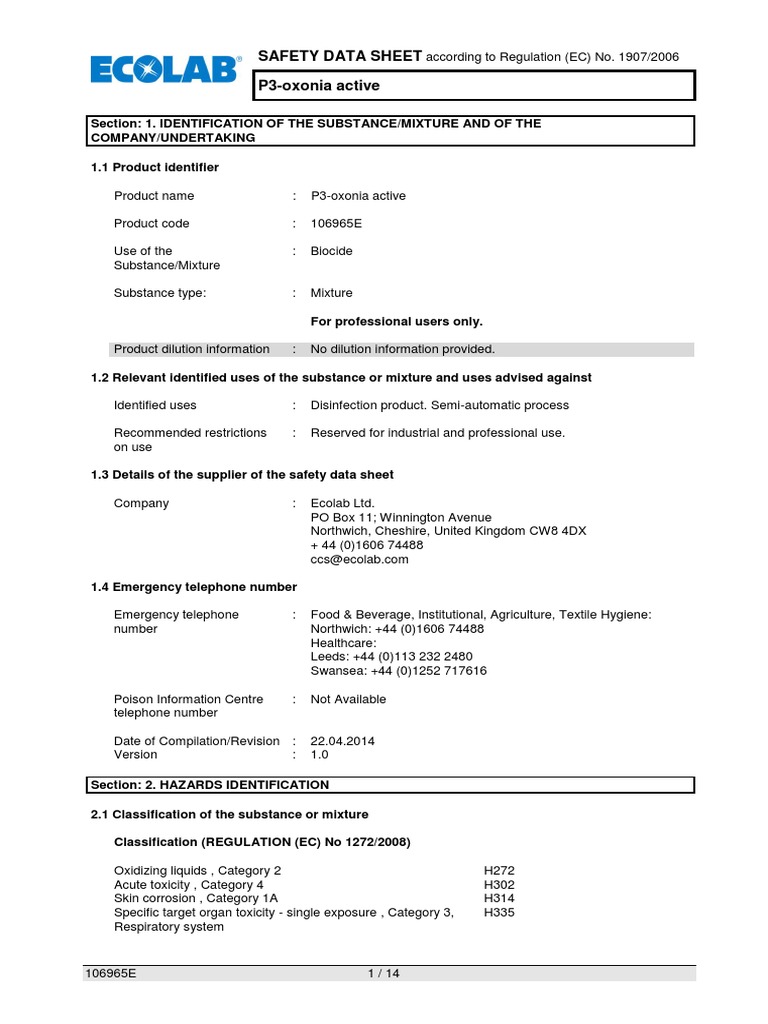 Safety Data Sheet P3-Oxonia Active | PDF | Toxicity | Dangerous Goods