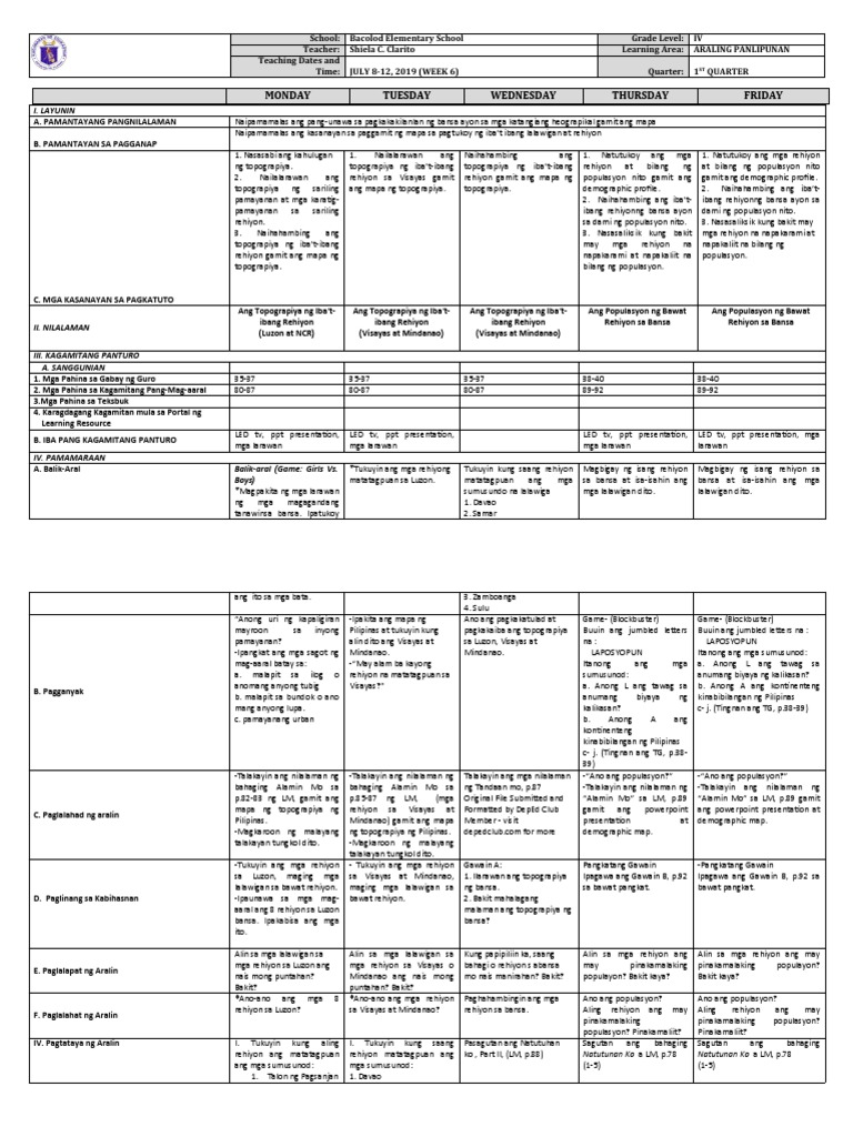 DLL - ARALING PANLIPUNAN 4 - Q1 - W6 Print | PDF