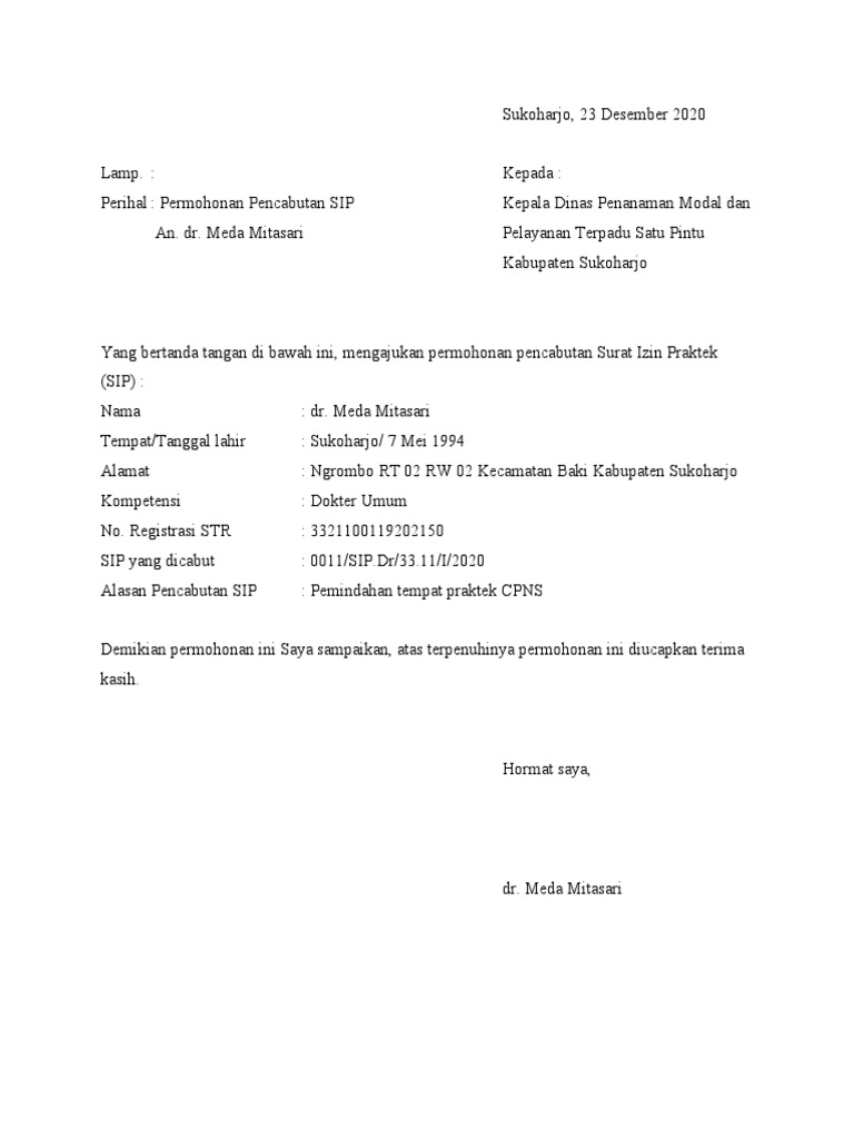 Permohonan Pencabutan SIP | PDF