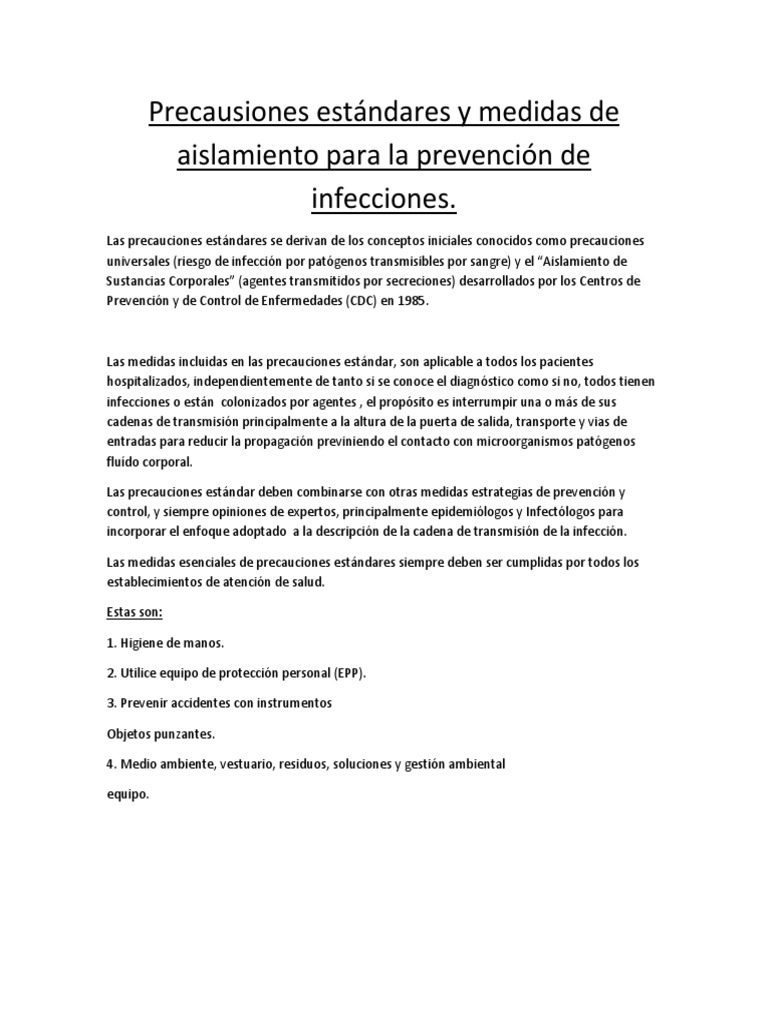Precausiones Estándares y Medidas de Aislamiento para La Prevención de ...