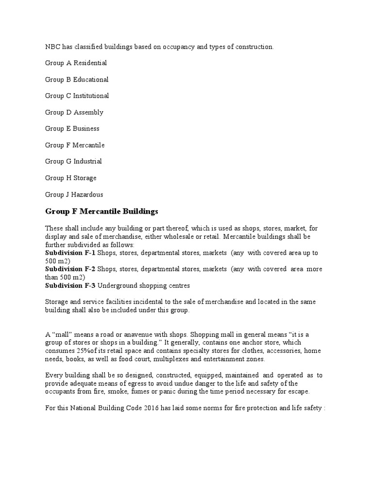 NBC building classification and fire safety norms for Group F ...