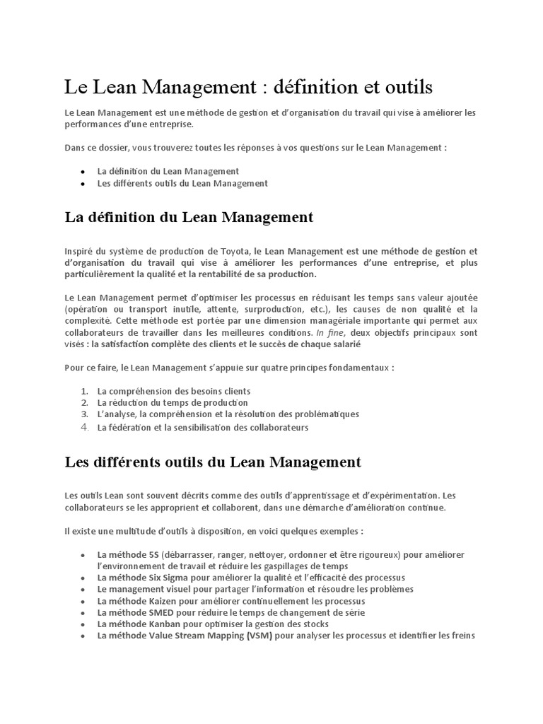 Le Lean Management | PDF | Lean (production) | Gestion de projet