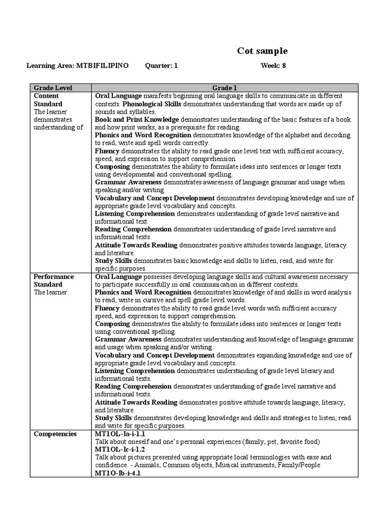 Cot Sample For MTB Week 8 | PDF | Phonics | Reading Comprehension