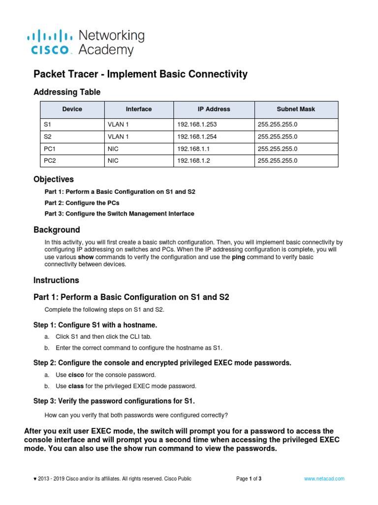 Packet Tracer - Implement Basic Connectivity: Addressing Table | PDF | Ip Address | Command Line ...