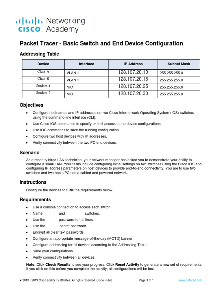 Packet Tracer - Basic Switch and End Device Configuration: Addressing Table | PDF