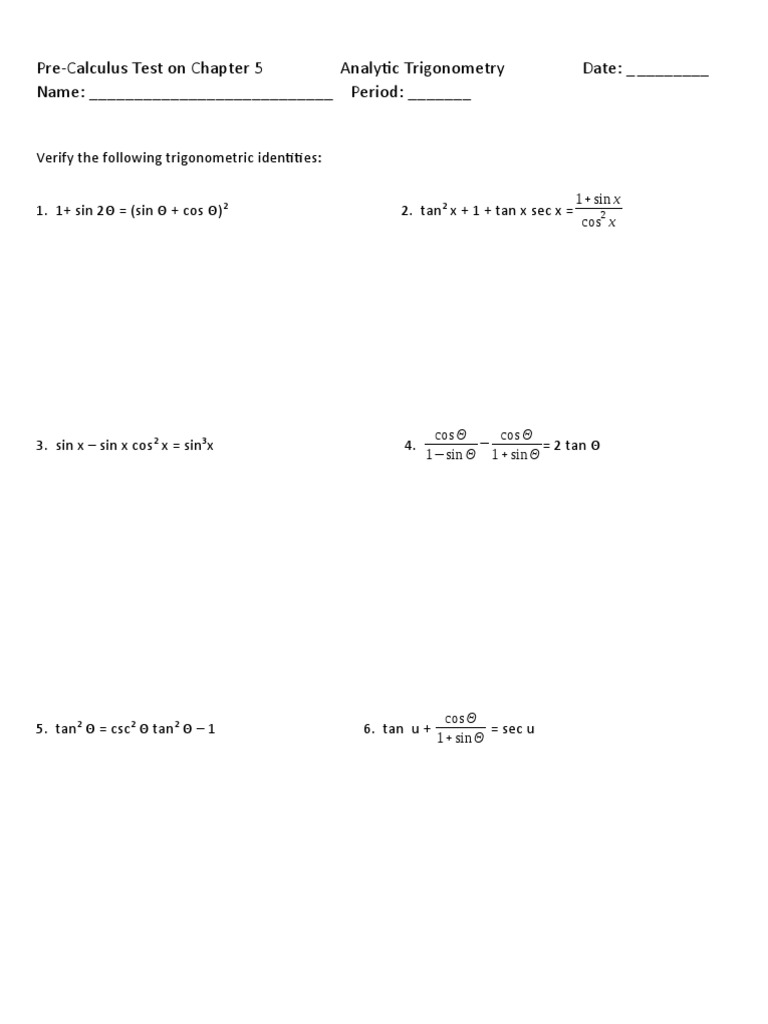 Pre-Calculus Test On Chapter 5 Analytic Trigonometry Date: - Name ...