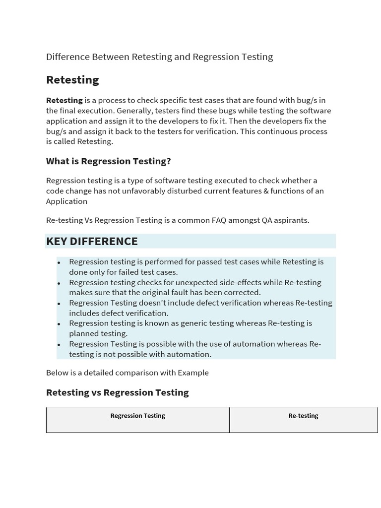 Difference Between Retesting and Regression Testing | PDF | Software ...