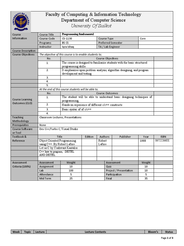University of Sialkot: Faculty of Computing & Information Technology Department of Computer ...