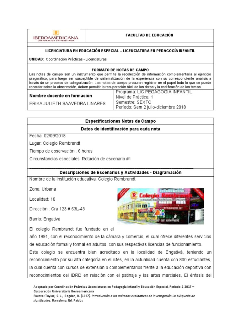 Formato Notas de Campo Práctica 1 Julieth 08 | PDF | Salón de clases ...