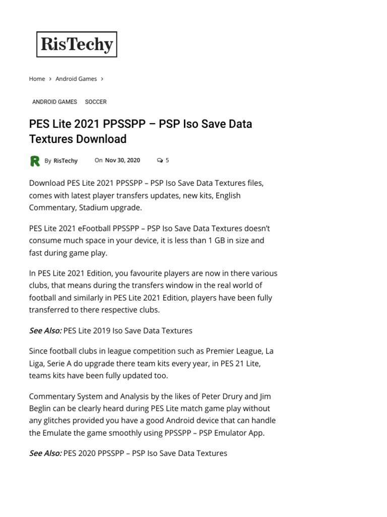 PES Lite 2021 PPSSPP - PSP Iso Save Data Textures Download - RisTechy ...