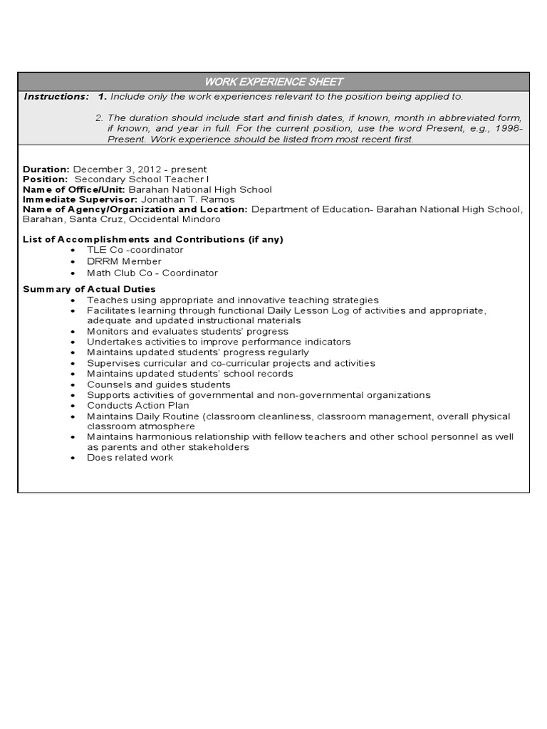 Work Experience: Secondary Teacher I | PDF | Classroom Management ...