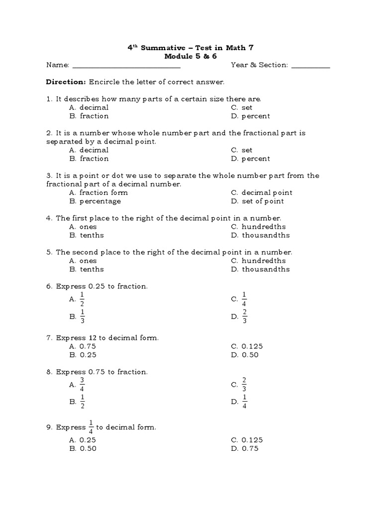 Summative Test in Math Module 5 & 6 | PDF | Numbers | Decimal