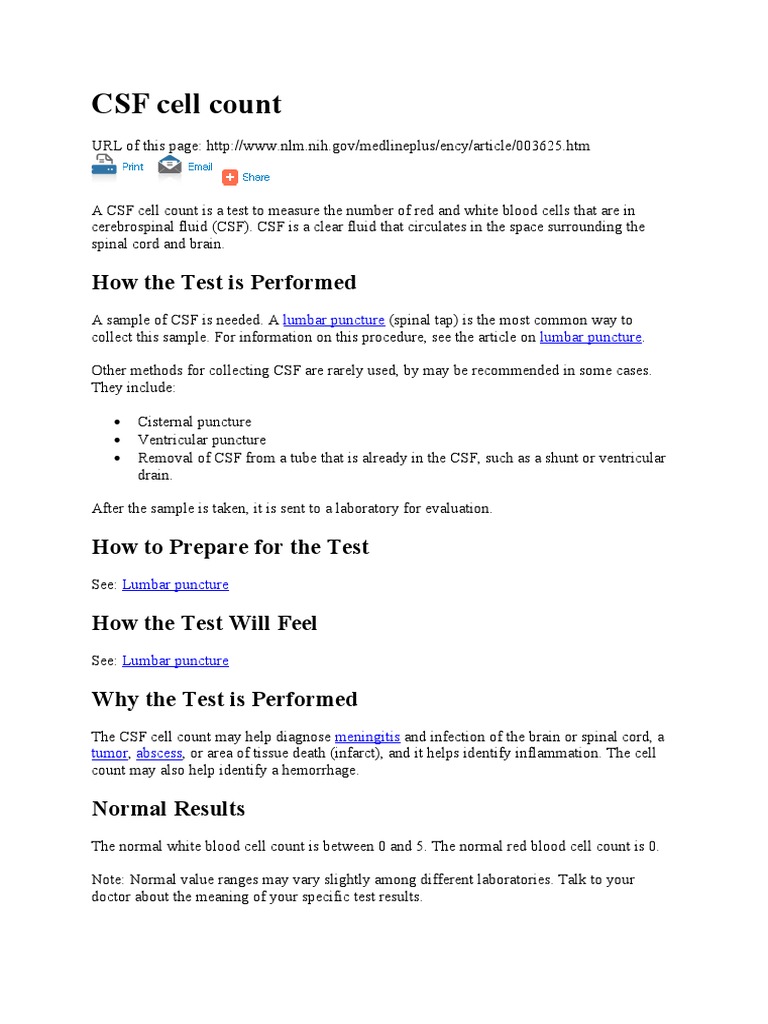 CSF Cell Count: How The Test Is Performed | PDF | Cerebrospinal Fluid ...