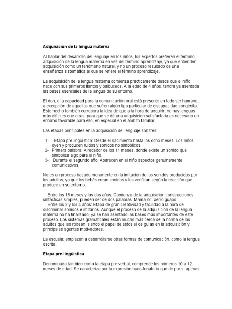 Proceso de adquisición de la lengua materna | PDF | Aquisición de ...