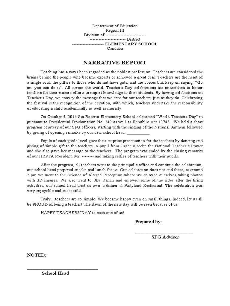 Narrative Report Teachers Day | PDF | Teachers | Human Nature