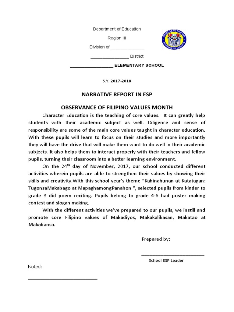Narrative Report in Esp Observance of Filipino Values Month ...