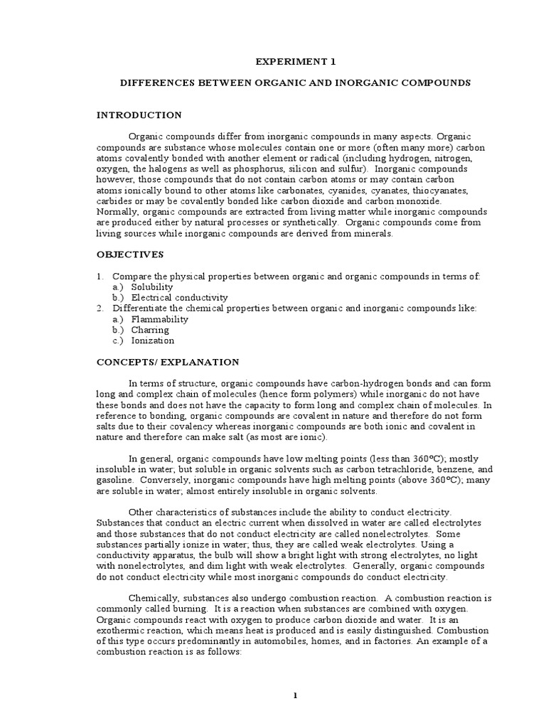 Experiment 1 Differences Between Organic and Inorganic Compounds | PDF ...