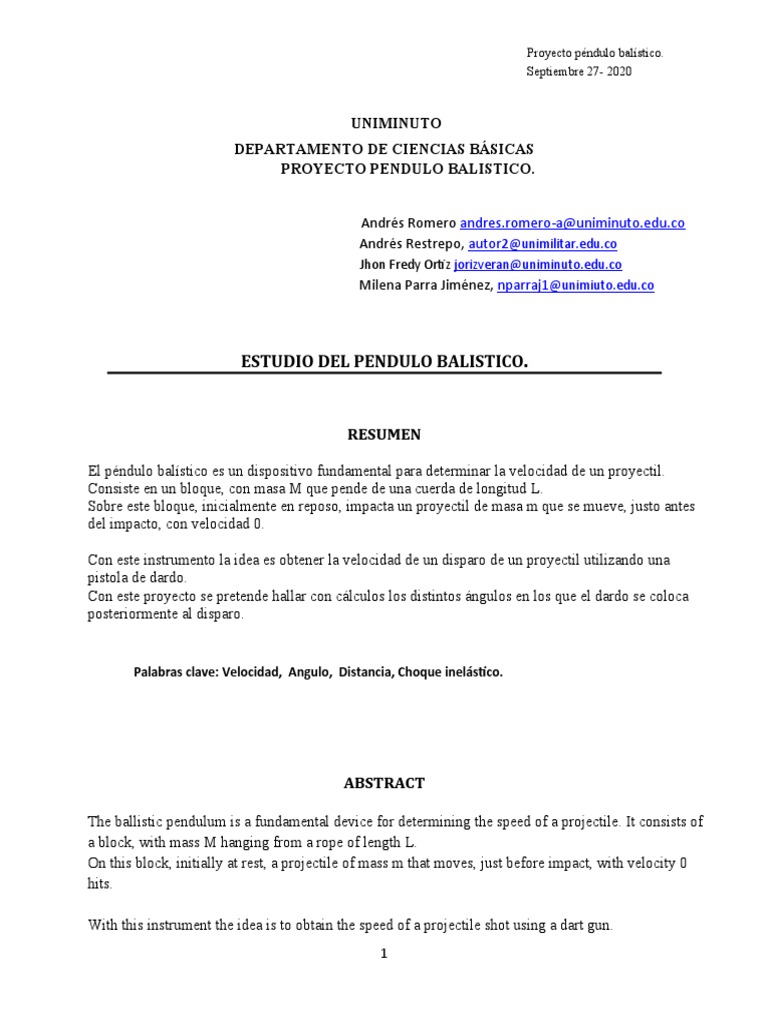 Estudio del Péndulo Balístico | PDF | Cinemática | Laboratorios