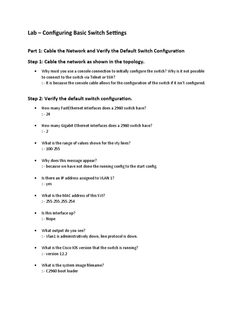 Lab - Configuring Basic Switch Settings | PDF | Computer Network ...
