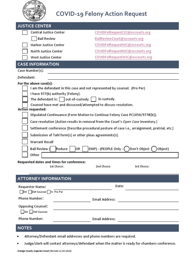 COVID-19 Felony Action Request: Justice Center | PDF