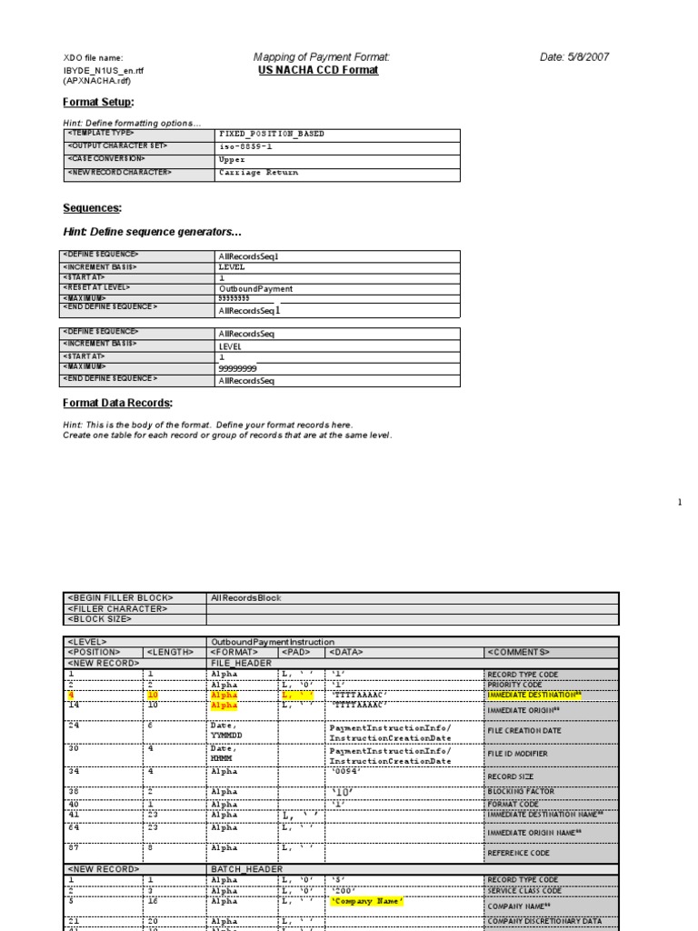 Us Nacha CCD Format Format Setup:: Mapping of Payment Format: Date: 5/8 ...