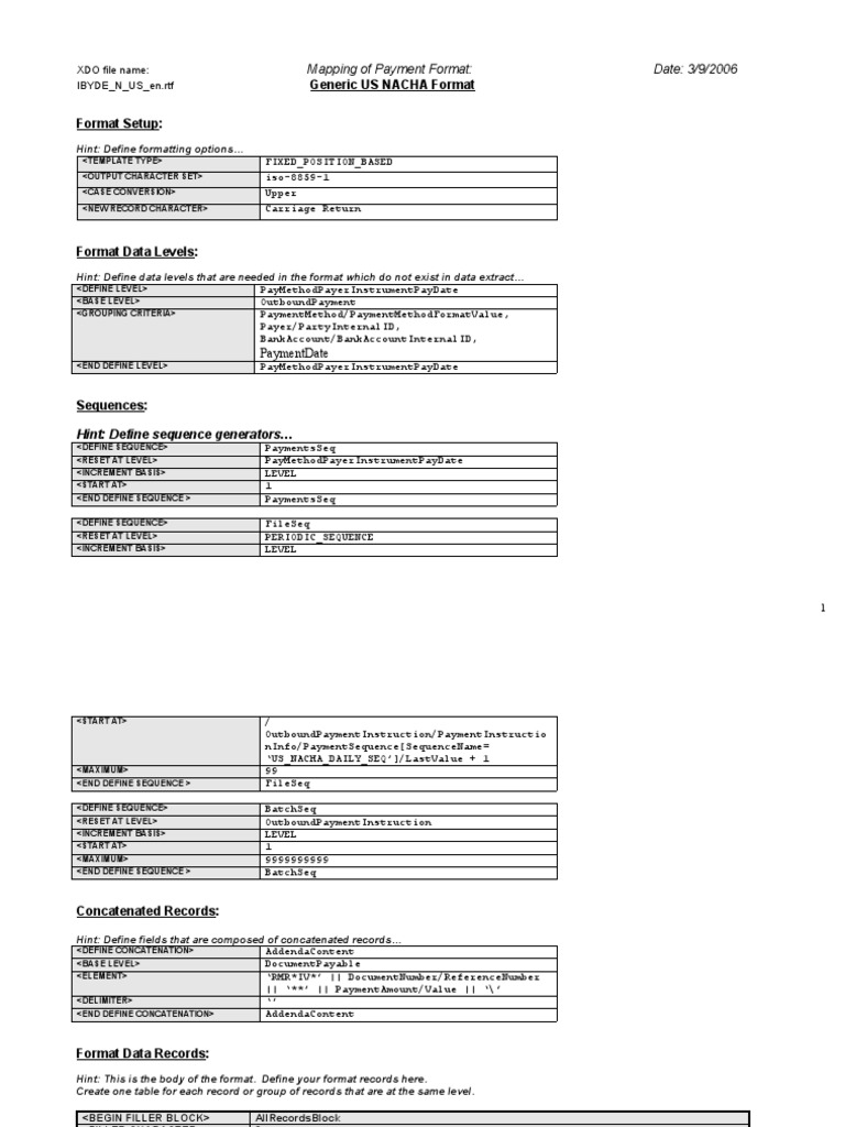 Generic US NACHA Format Format Setup:: Mapping of Payment Format: Date ...
