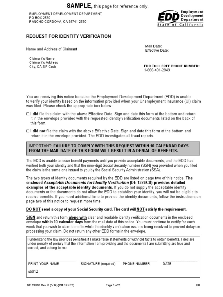 Request For Identity Verification: Employment Development Department PO ...