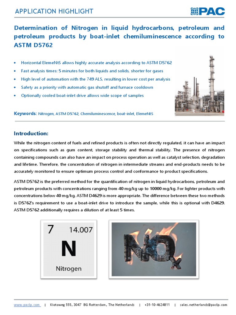 ASTM D5762 Nitrogen Analysis | PDF | Nitrogen | Combustion