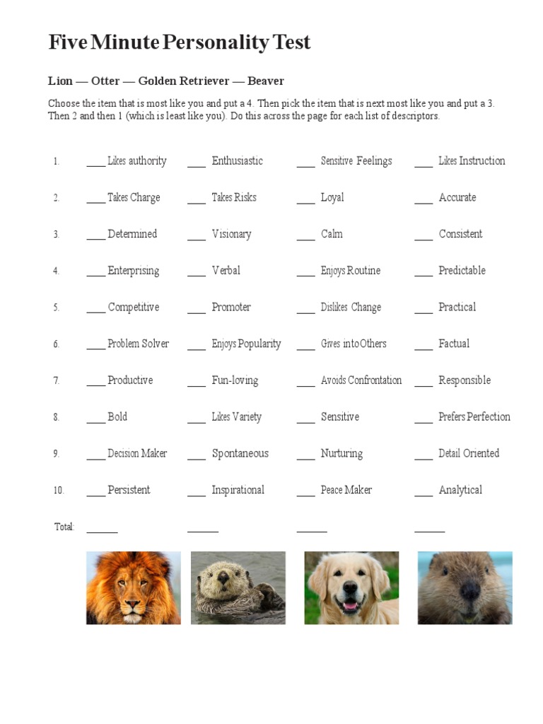 Five Minute Personality Test: Lion - Otter - Golden Retriever - Beaver ...