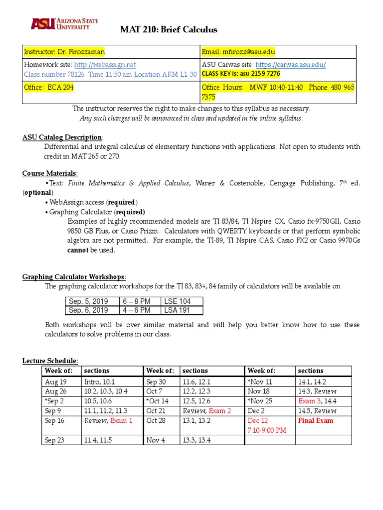 MAT 210: Brief Calculus: Any Such Changes Will Be Announced in Class ...