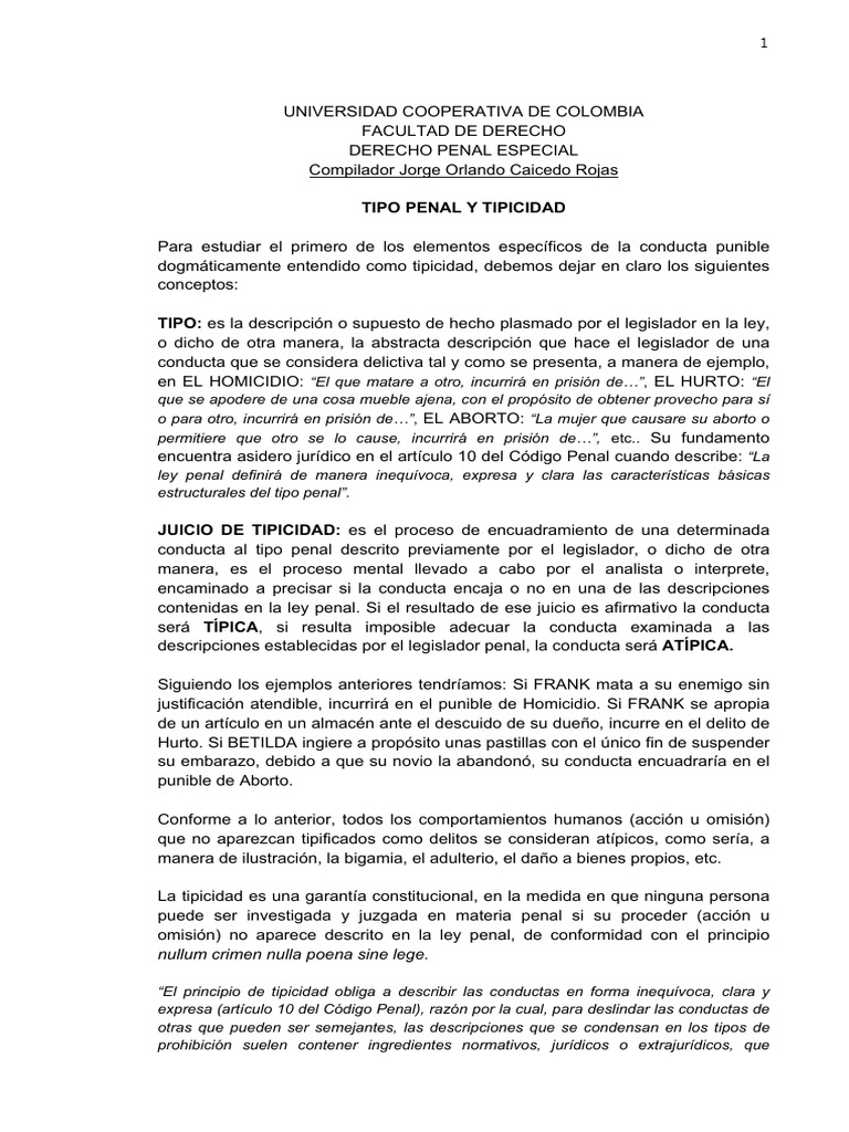 Elementos Del Tipo y Clasificación de Los Tipos Penales. Compilación ...