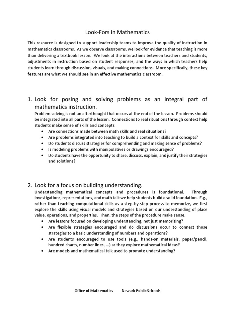 Look-Fors in Mathematics: Office of Mathematics Newark Public Schools ...