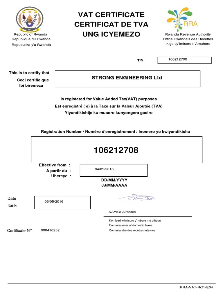 Vat Certificate Certificat de Tva Ung Icyemezo: Strong Engineering LTD ...