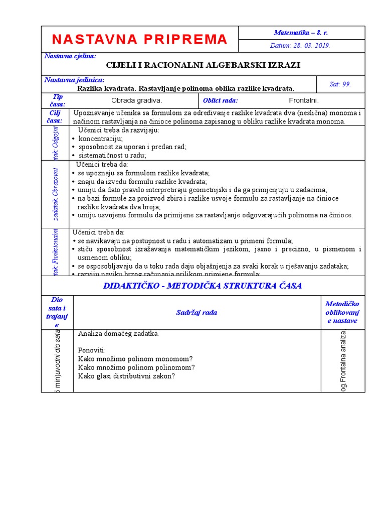 Razlika Kvadrata. Rastavljanje Polinoma Oblika Razlike Kvadrata. | PDF