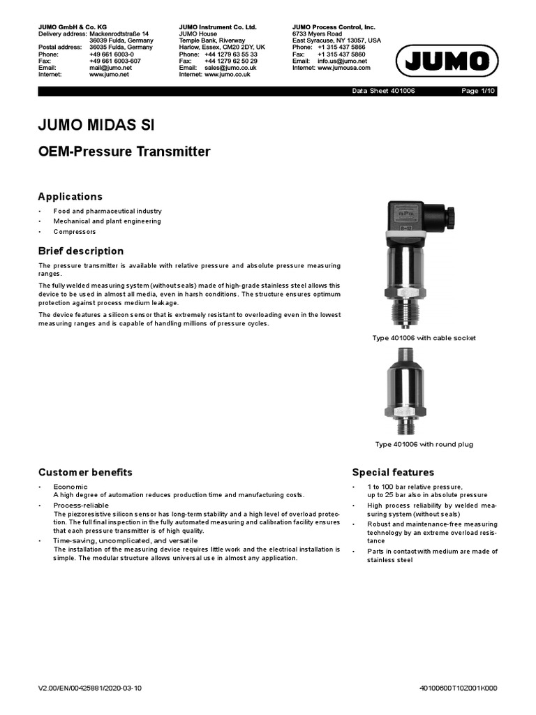 JUMO MIDAS SI OEM-Pressure Transmitter: Technical Specifications and ...