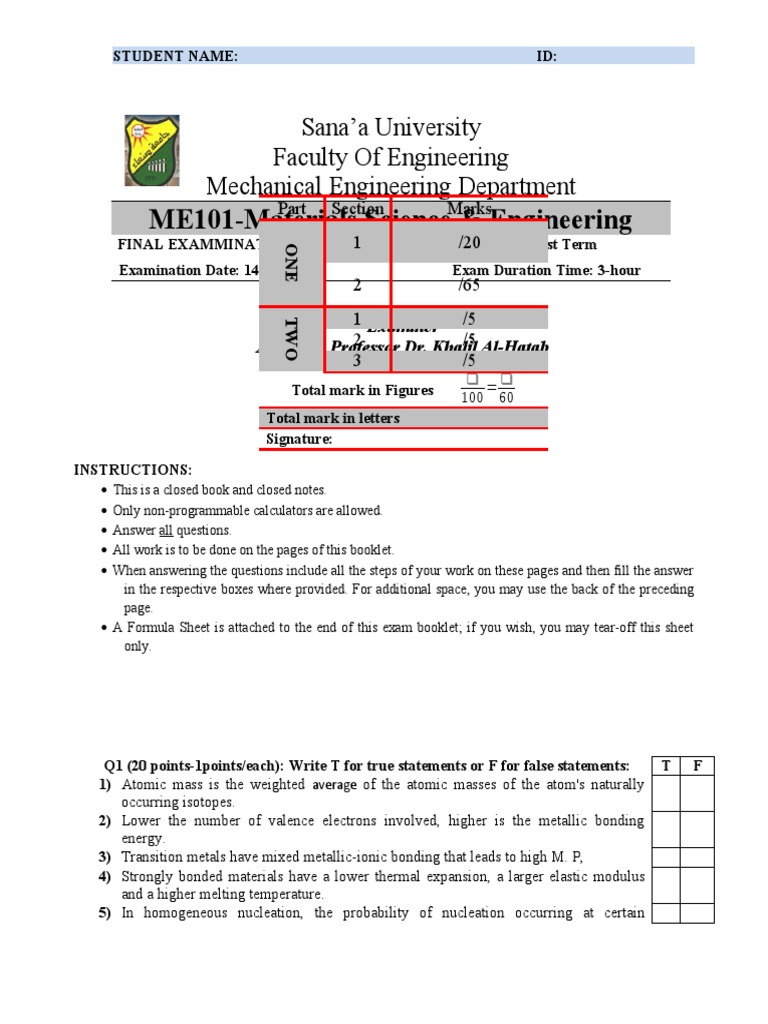 Mechanical Engineering Materials Science Final Exam | PDF | Dislocation ...