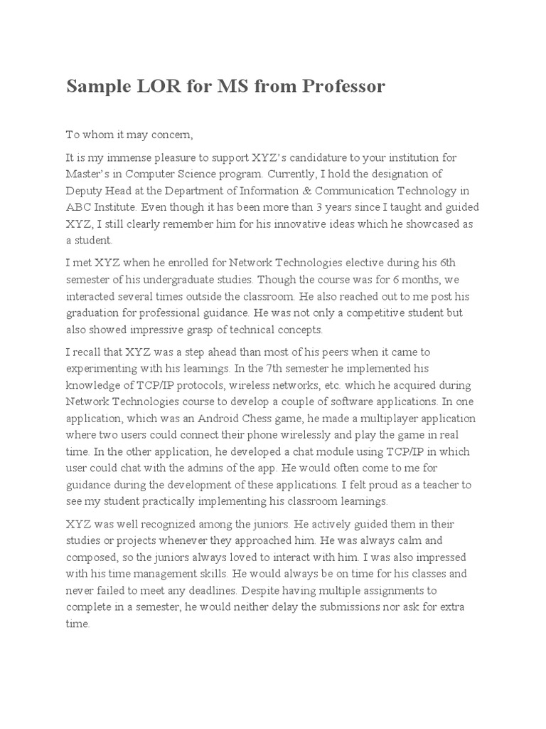 Sample LOR For MS From Professor | PDF | Robotics | Engineering