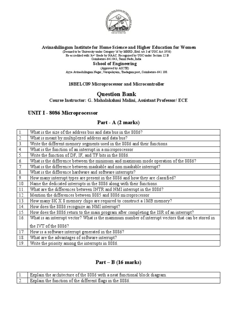 Question Bank Unit I 8086 Microprocessor Part A 2 Marks Pdf Assembly Language 
