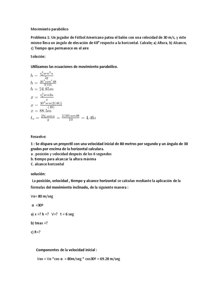 Ejercicios de Movimiento Parabólico 1Bach | PDF | Movimiento (física ...