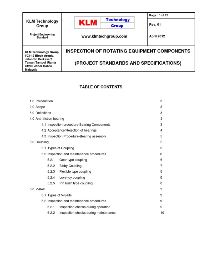 PROJECT STANDARDS and SPECIFICATIONS Inspection of Rotating Equipment ...