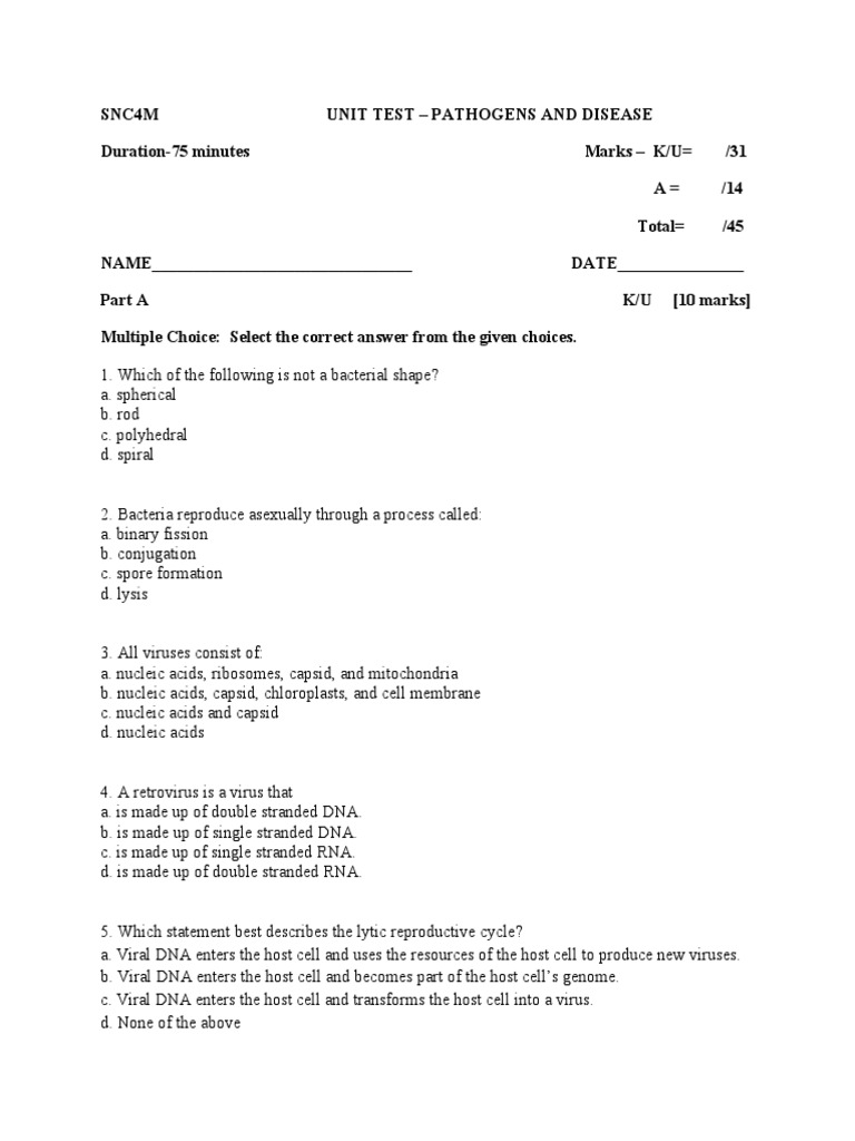 UNIT TEST-Pathogens and Disease | PDF | Virus | Infection