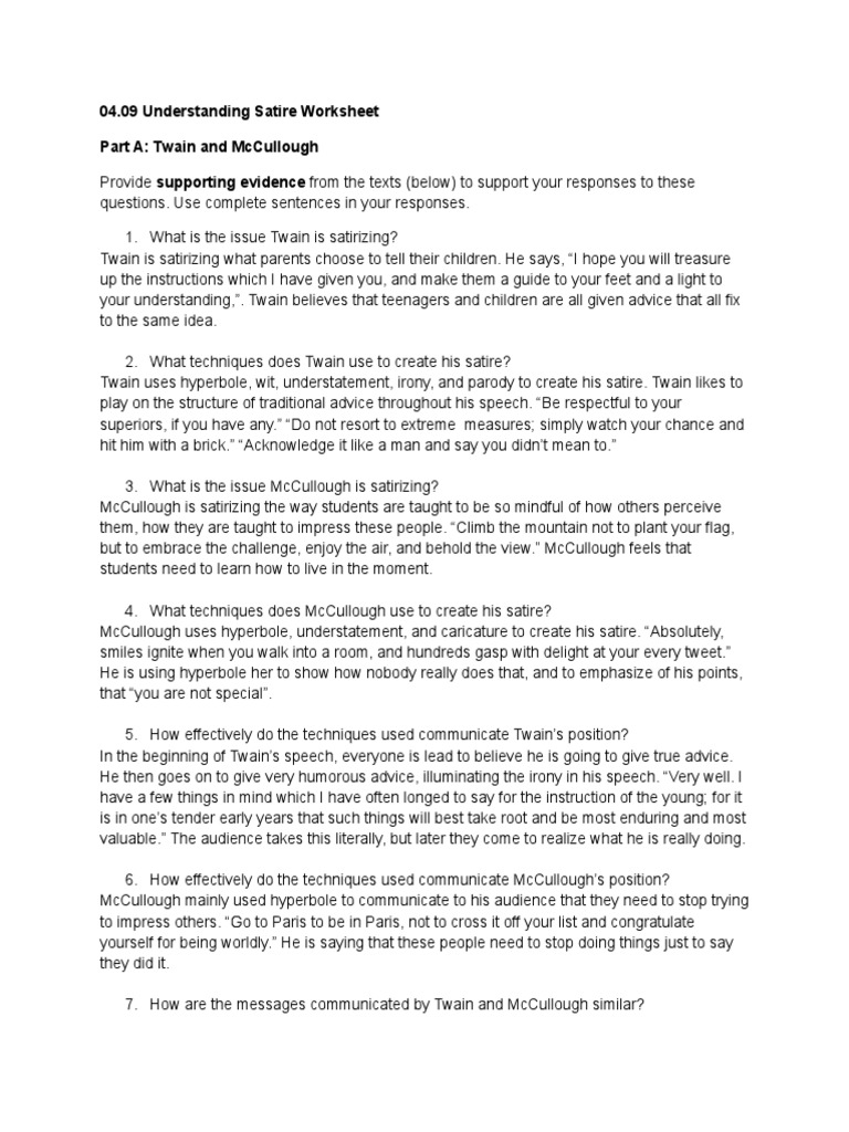 04.09 Understanding Satire Worksheet Part A: Twain and Mccullough | PDF ...