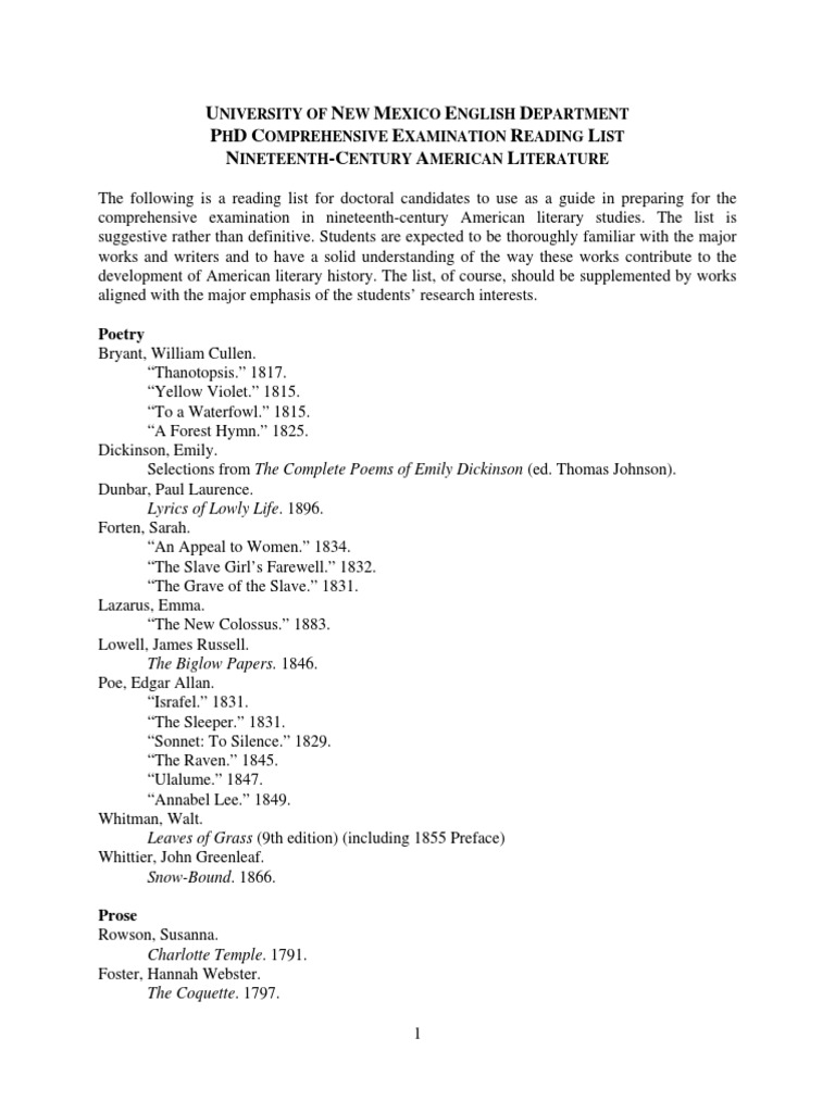 19th Century American Reading List | PDF | American Literature | Poetry
