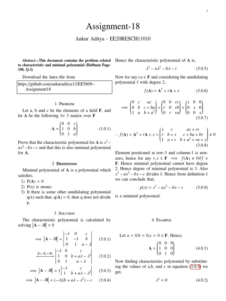 Assignment 18 Ankur Aditya Ee20resch11010 Pdf Polynomial Equations