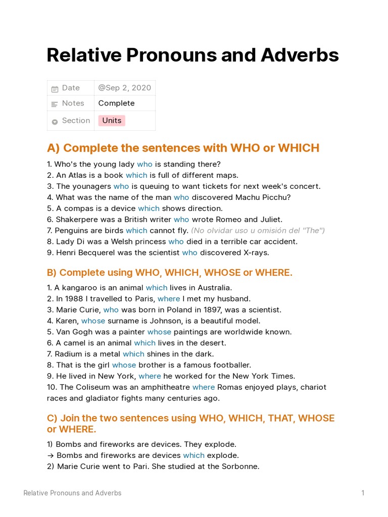 HW - Relative Pronouns and Adverbs | PDF | Marie Curie | Nature