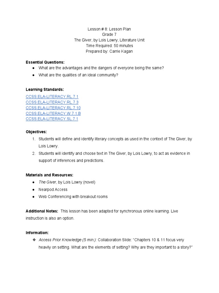 Lesson 8 Plan | PDF | The Giver | Reading Comprehension