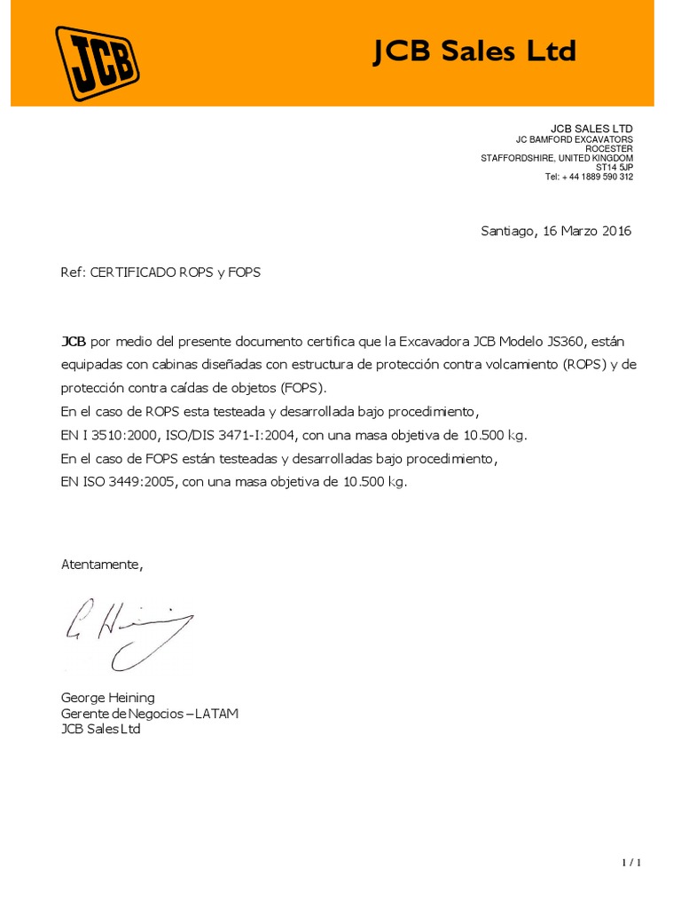 Certificado ROPS JCB JS360 | PDF