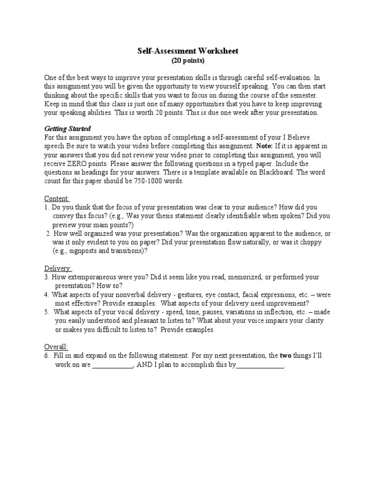 Self-Assessment Worksheet 1 | PDF