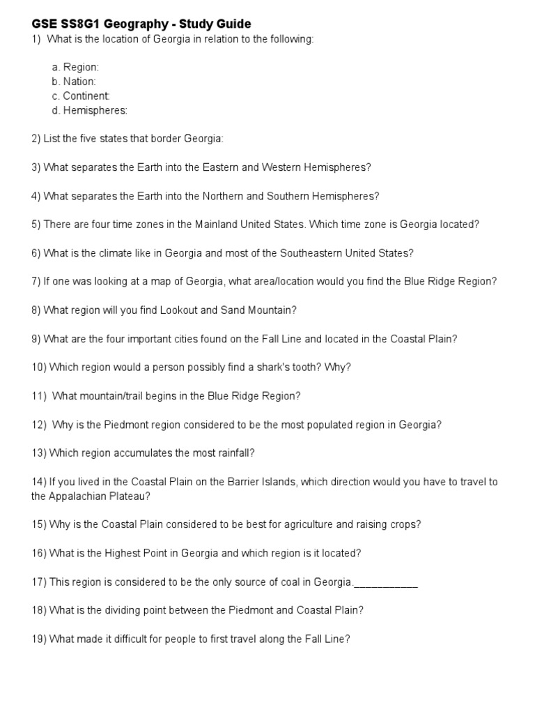 GSE SS8G1 - Study Guide - Geography | PDF | Georgia (U.S. State ...